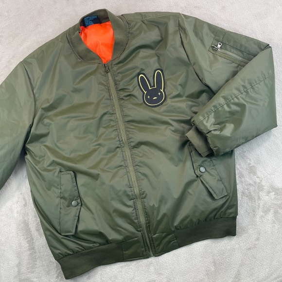 Jackets & Coats | Bad Bunny Bomber Jacket Men Xl Army Green Satin Big ...